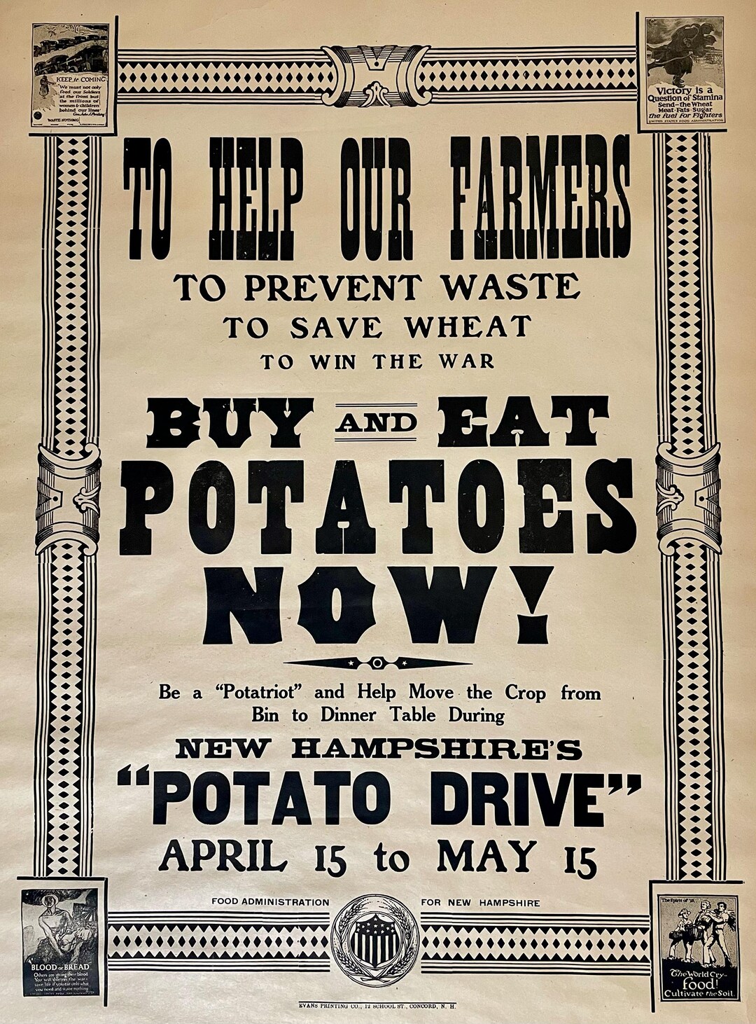 Rare 1918 New Hampshire Food Administration Propaganda Broadside Poster ...