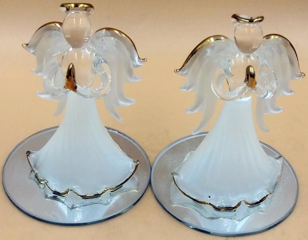 Set of Two Unison Gifts UG Glass Angel Figurines. White With 22KT Gold ...
