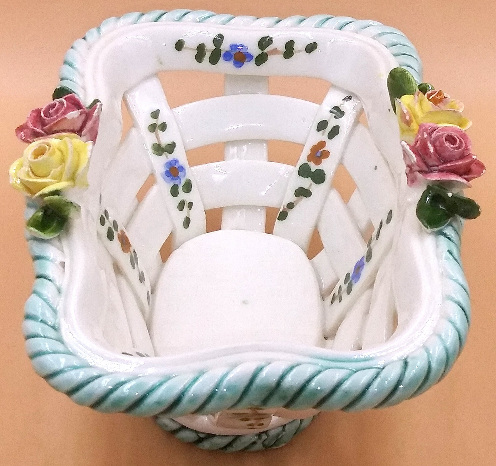 Italian Art Pottery Open Weave Ceramic Basket/bowl. 3D Pink/yellow ...