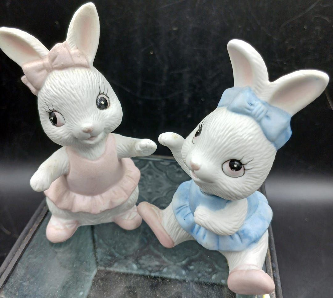 Homco Rabbit Ballerina Figurines: Porcelain Bunny Dancers, Pink & Blue ...