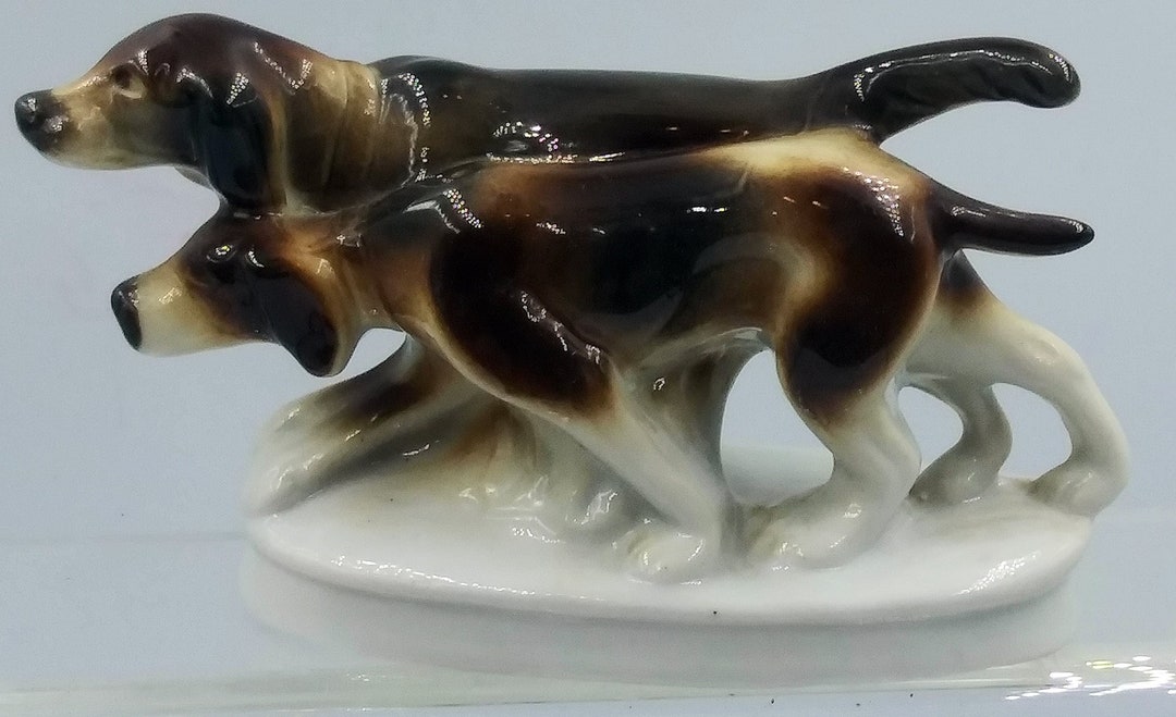 Japan Two Hunting Dogs Figurine. Glazed Ceramic . Two Brown/tan ...