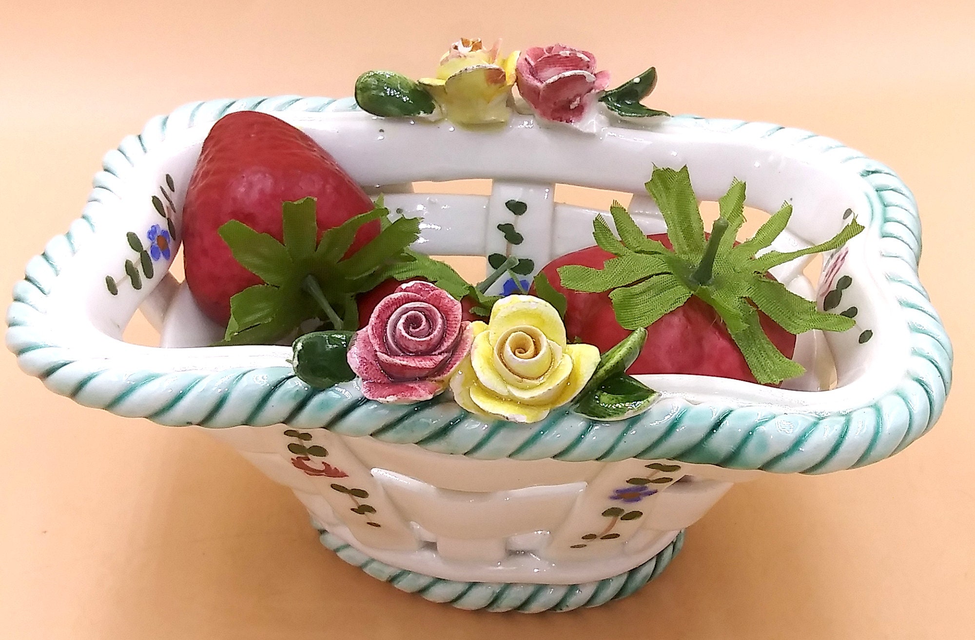 Italian Art Pottery Open Weave Ceramic Basket/bowl. 3D Pink/yellow ...