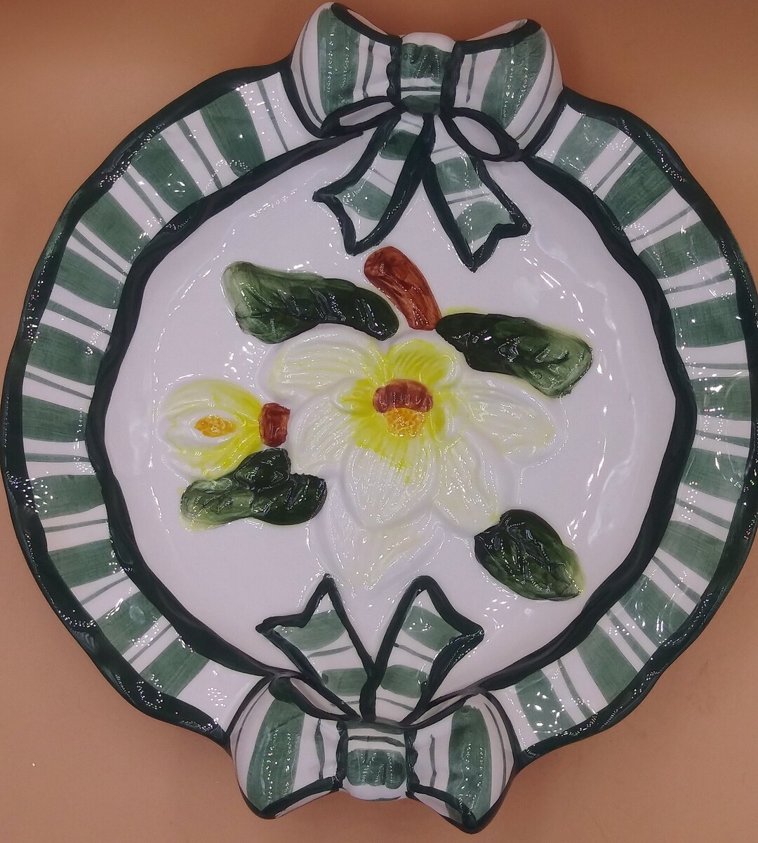 Plate. Vintage Young's Magnolia Plate/candy Dish. Green Plaid Trim, - Etsy