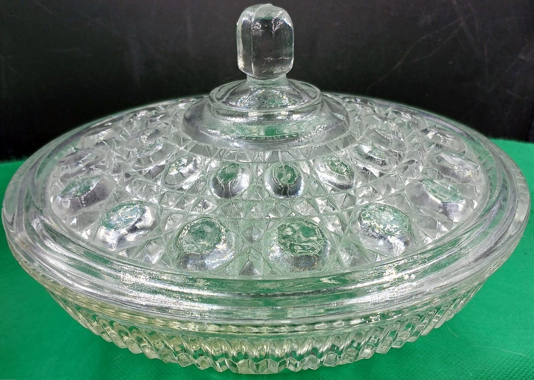 Federal Glass Windsor Pattern Covered Candy Dish. Clear Cut Glass Large ...