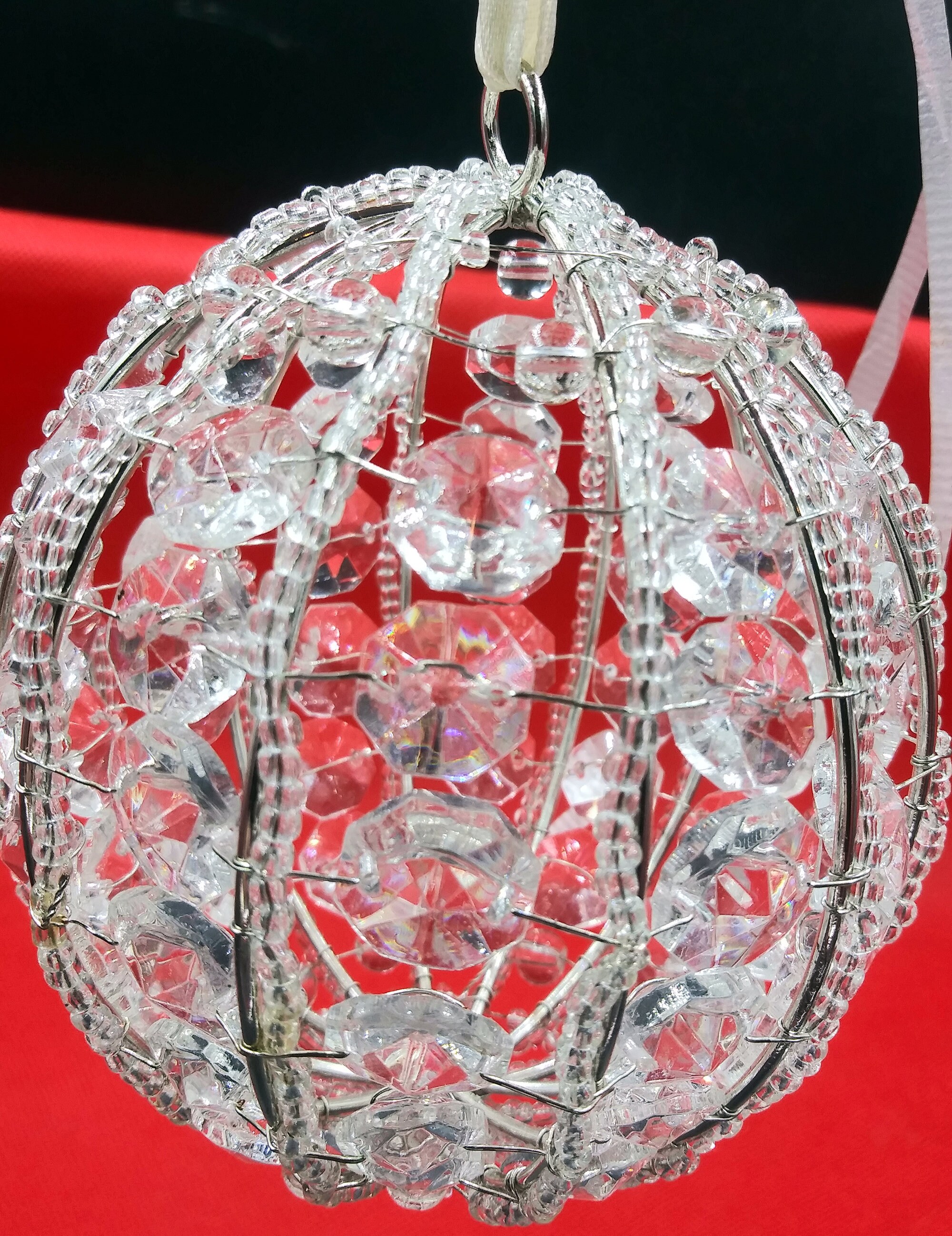 Silver Beaded Glass/crystal Round Ball Ornament. Silver Wire, Clear ...