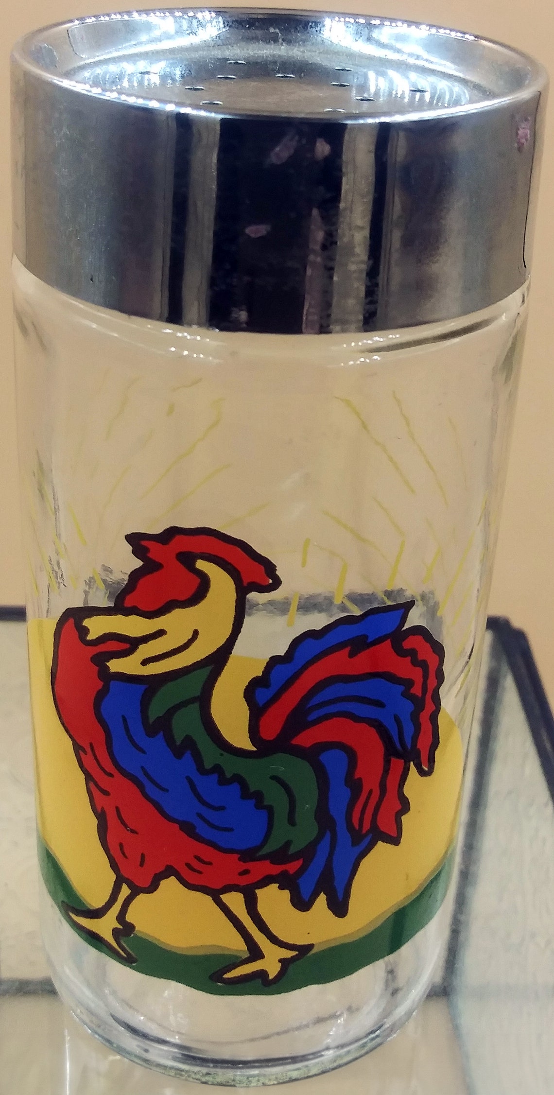 Tall Round Glass Rooster Spice /salt/pepper Shaker. Multi Colored ...