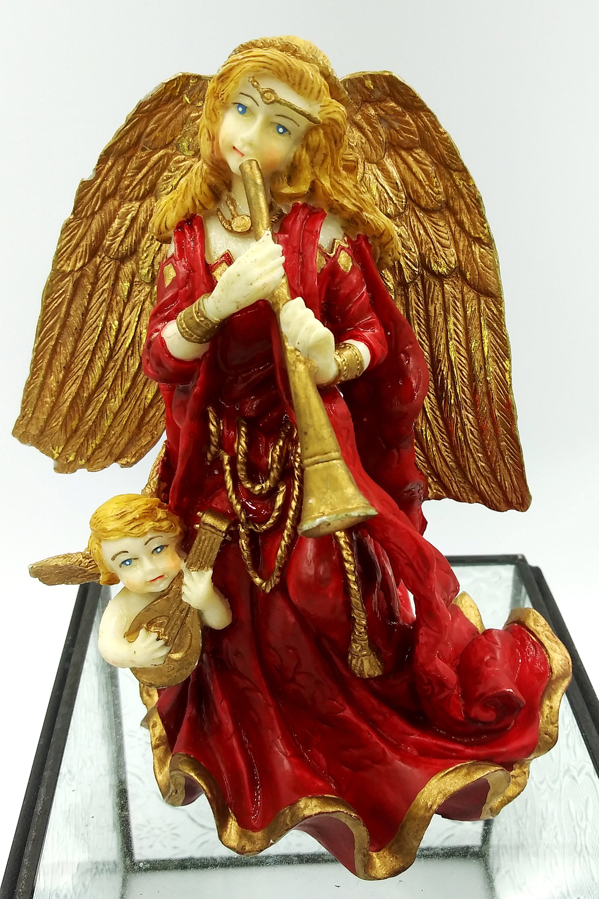 Heavy Ceramic Red Robed Angel Figurine With Large Gold Wings. Playing a ...
