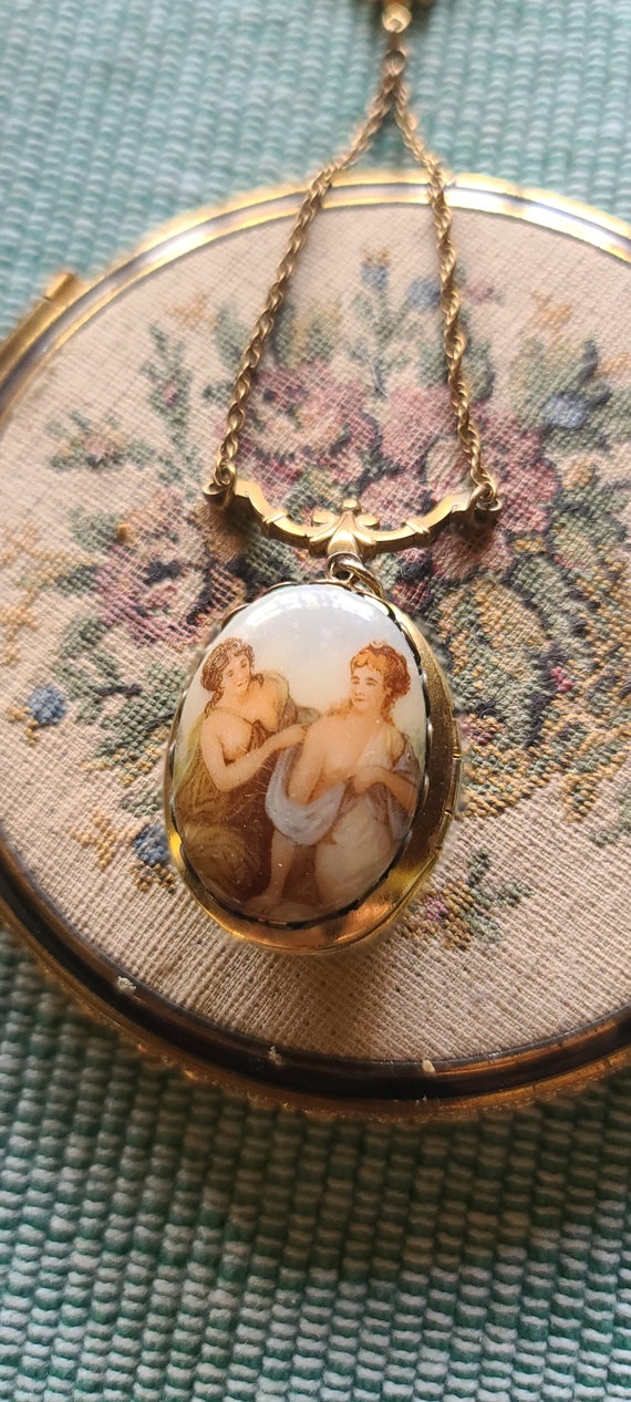 Antique Long Chain Porcelain Locket, Double Sided, 29… - Gem