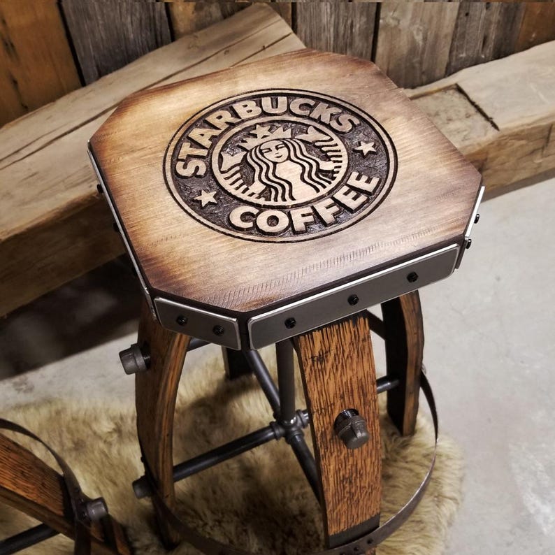 Custom Logo (tan) Whiskey Barrel Bar Stool | Handcrafted Metal & Wood ...