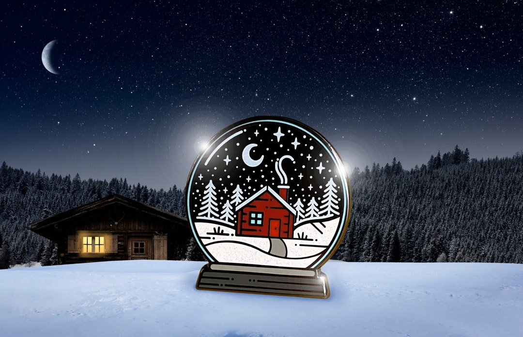 Log Cabin Winter Mountains Snow Globe, Hard Enamel Pin Badge, a Great ...
