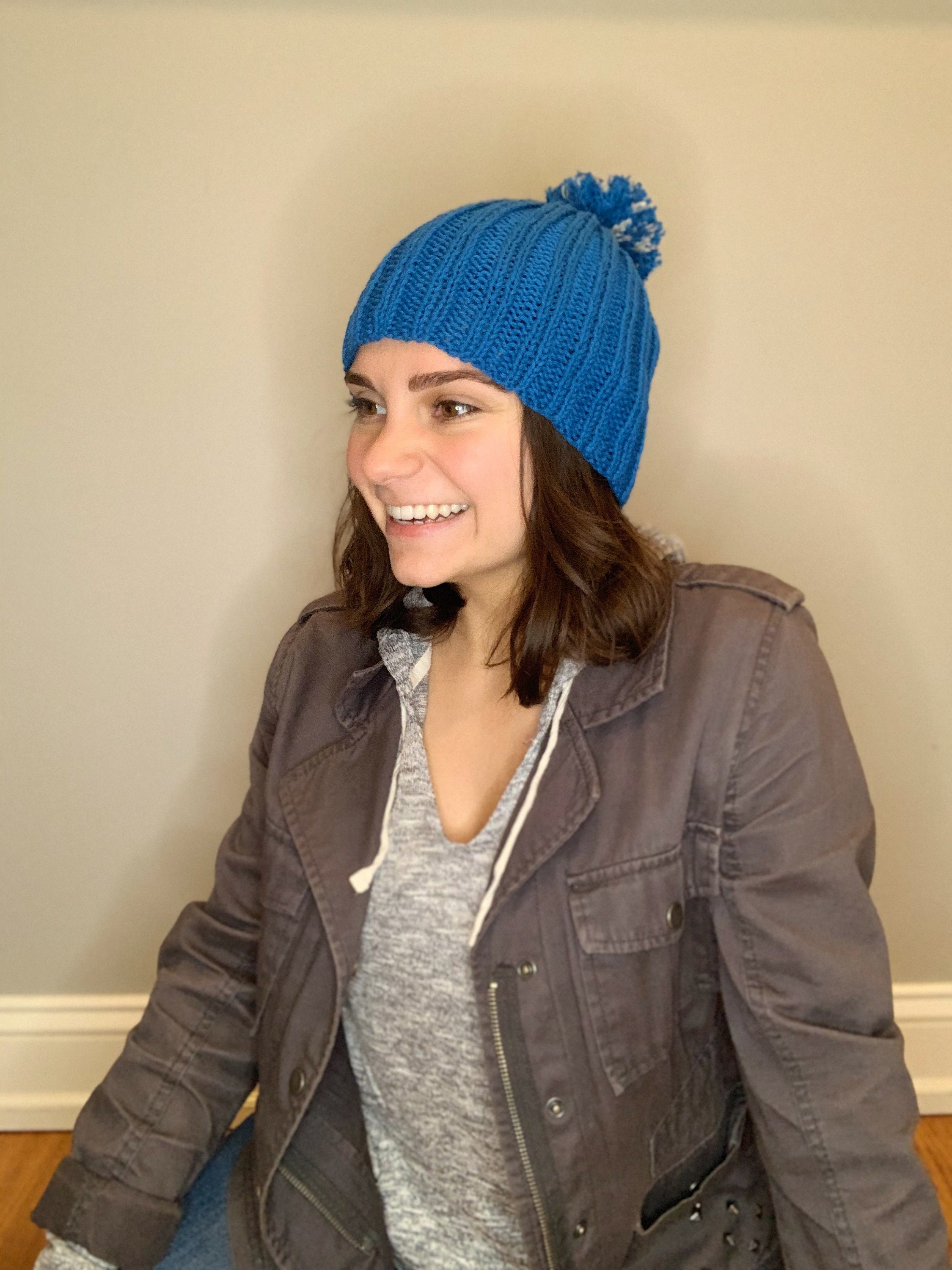 Blue Knit Hat With Pom Pom, Blue Winter Hat, Blue Knit Beanie, Knit Pom ...