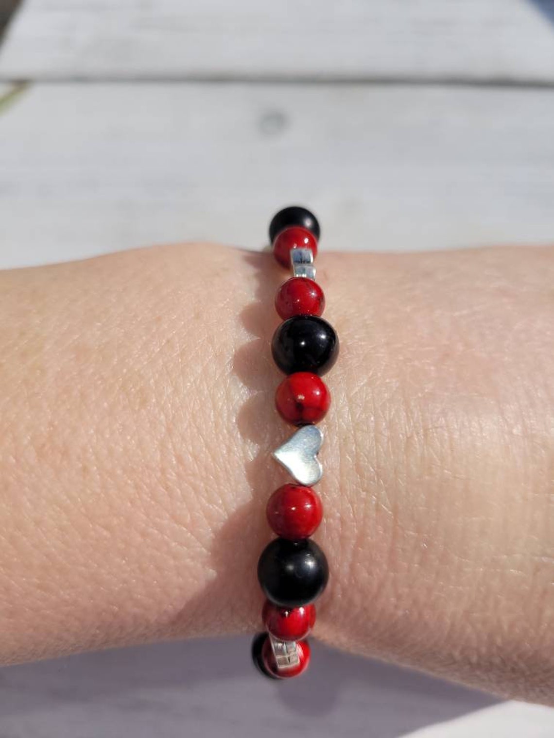 Red and Black Beaded Stretch Bracelet - Etsy