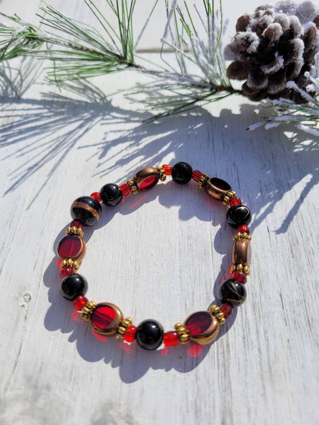 Red and Gold Beaded Stretch Bracelet - Etsy