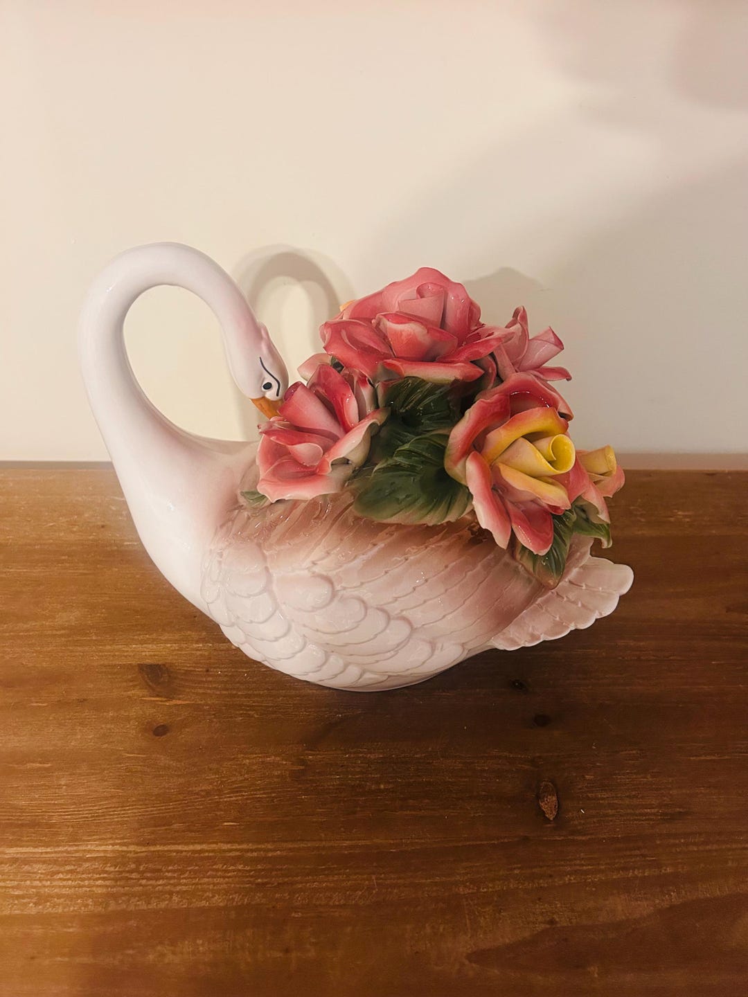 Vintage Large Swan W/ Roses Sculpture Signed Capodimonte White ...