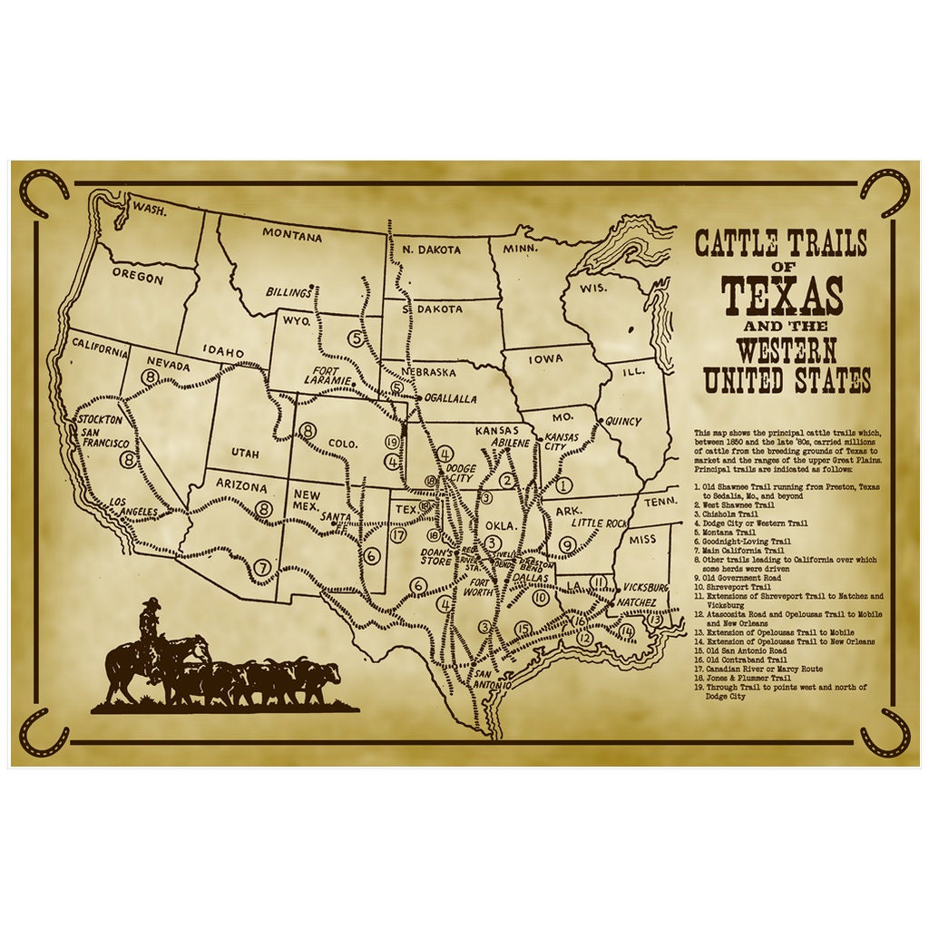 Cattle Trails of Texas Poster / History Wall Art Print Chisholm ...