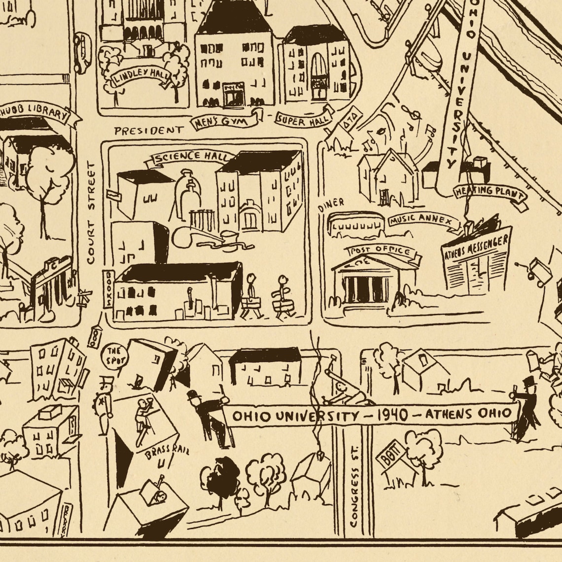 1940 Ohio University Campus Map Print / Cartoon Map Picture | Etsy