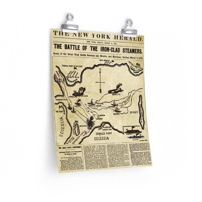 Monitor Vs Merrimac Civil War Map Print / 1862 New York Herald - Etsy