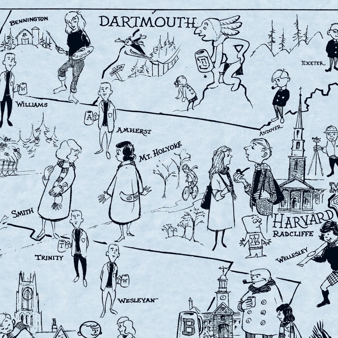 1958 Ivy League Pictorial Map / New Cartoon Map Ivy League Fifties ...