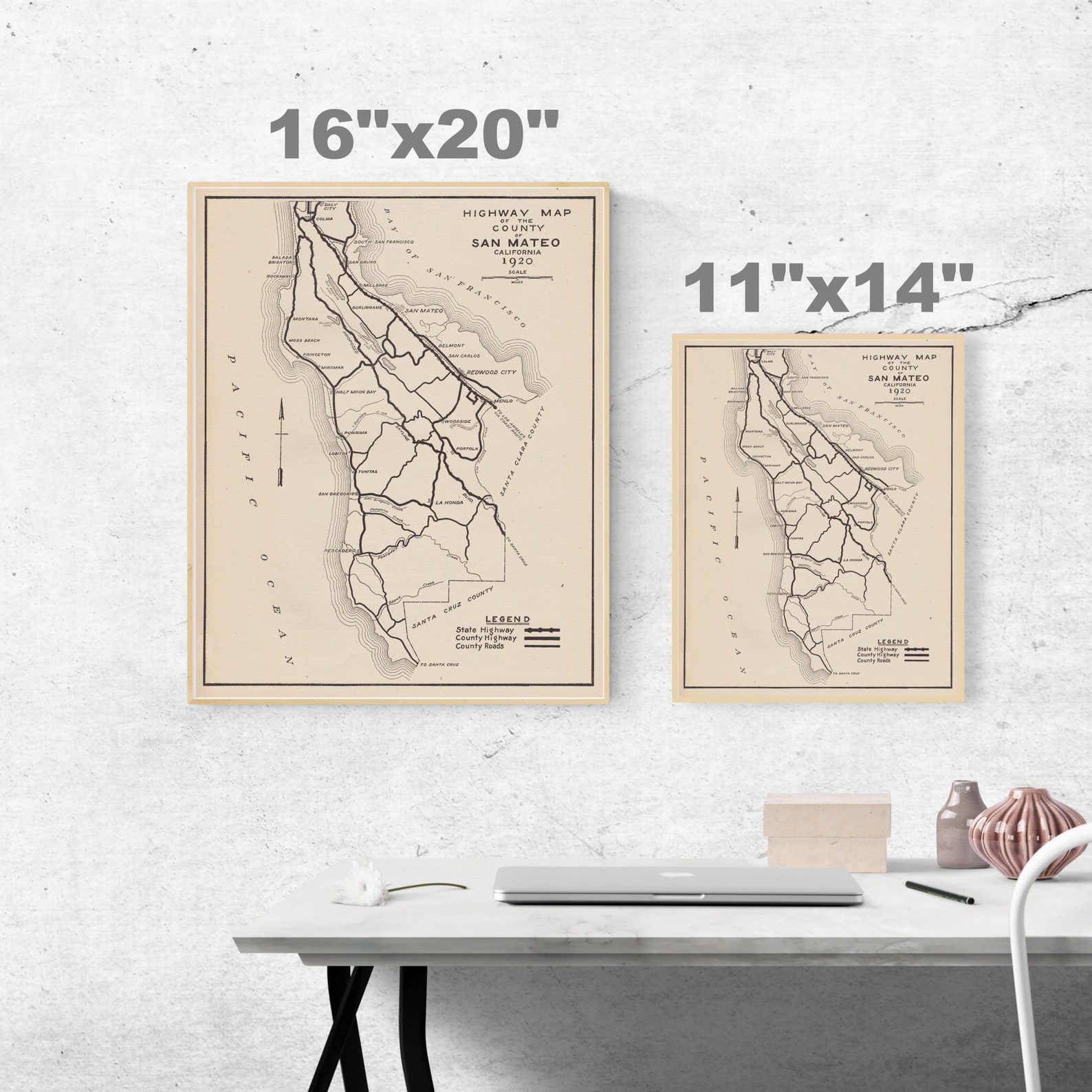 1920 San Mateo County California Road Map Poster Print Retro Wall Art ...