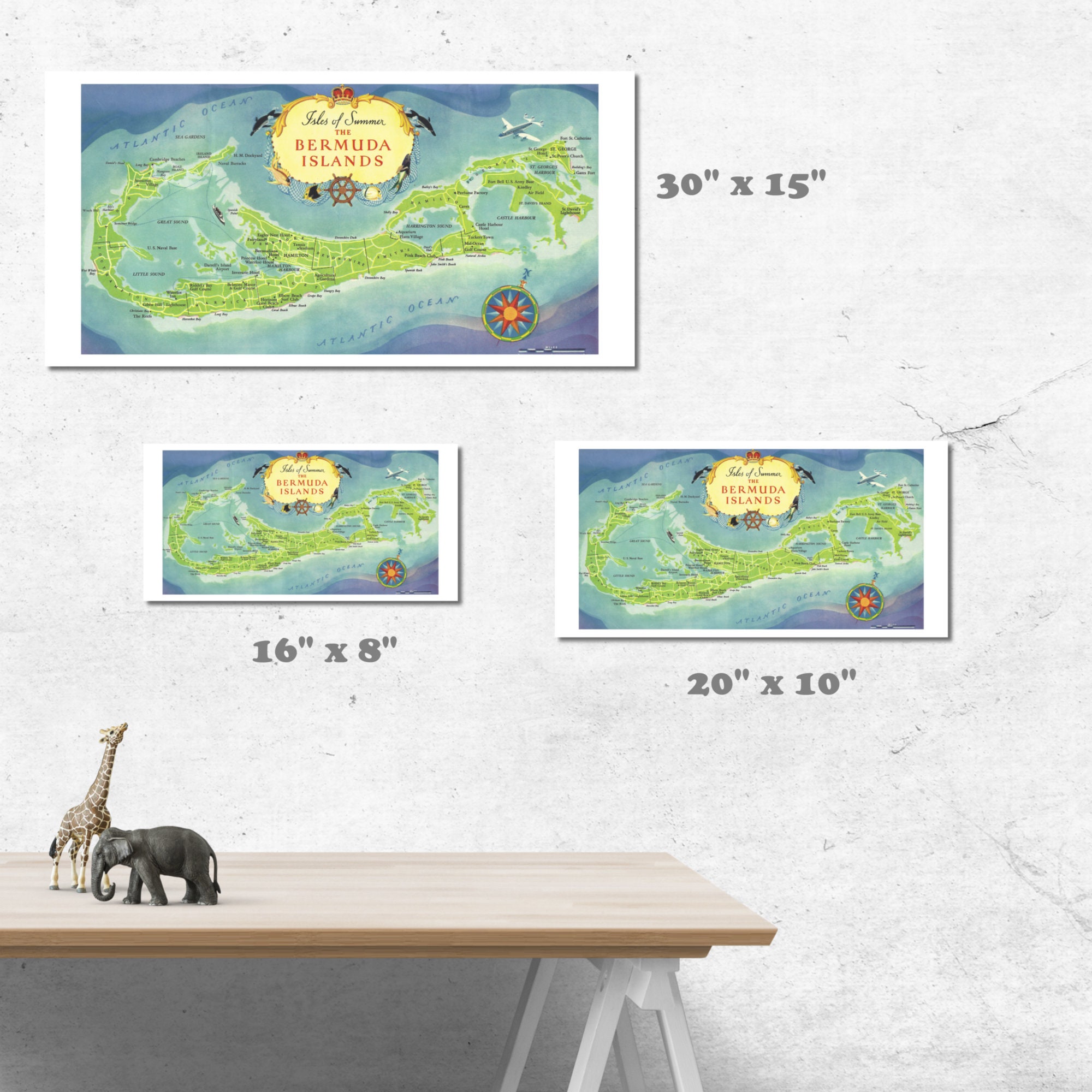 Bermuda Map Print / 1950 Map Poster New Printing 16x8 20x10 30x15 40x20 ...