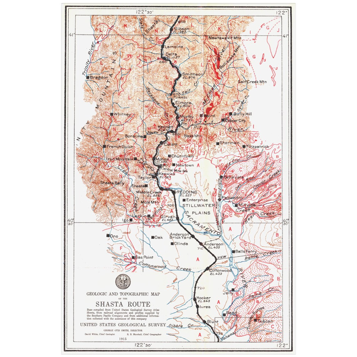 Redding California 1915 Map Shasta County Railroad Route Map | Etsy