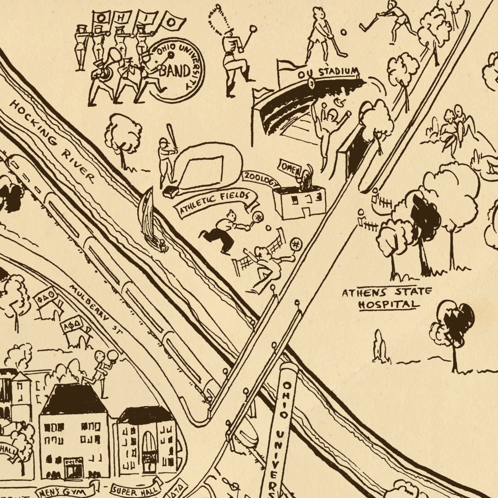 1940 Ohio University Campus Map Print / Cartoon Map Picture | Etsy
