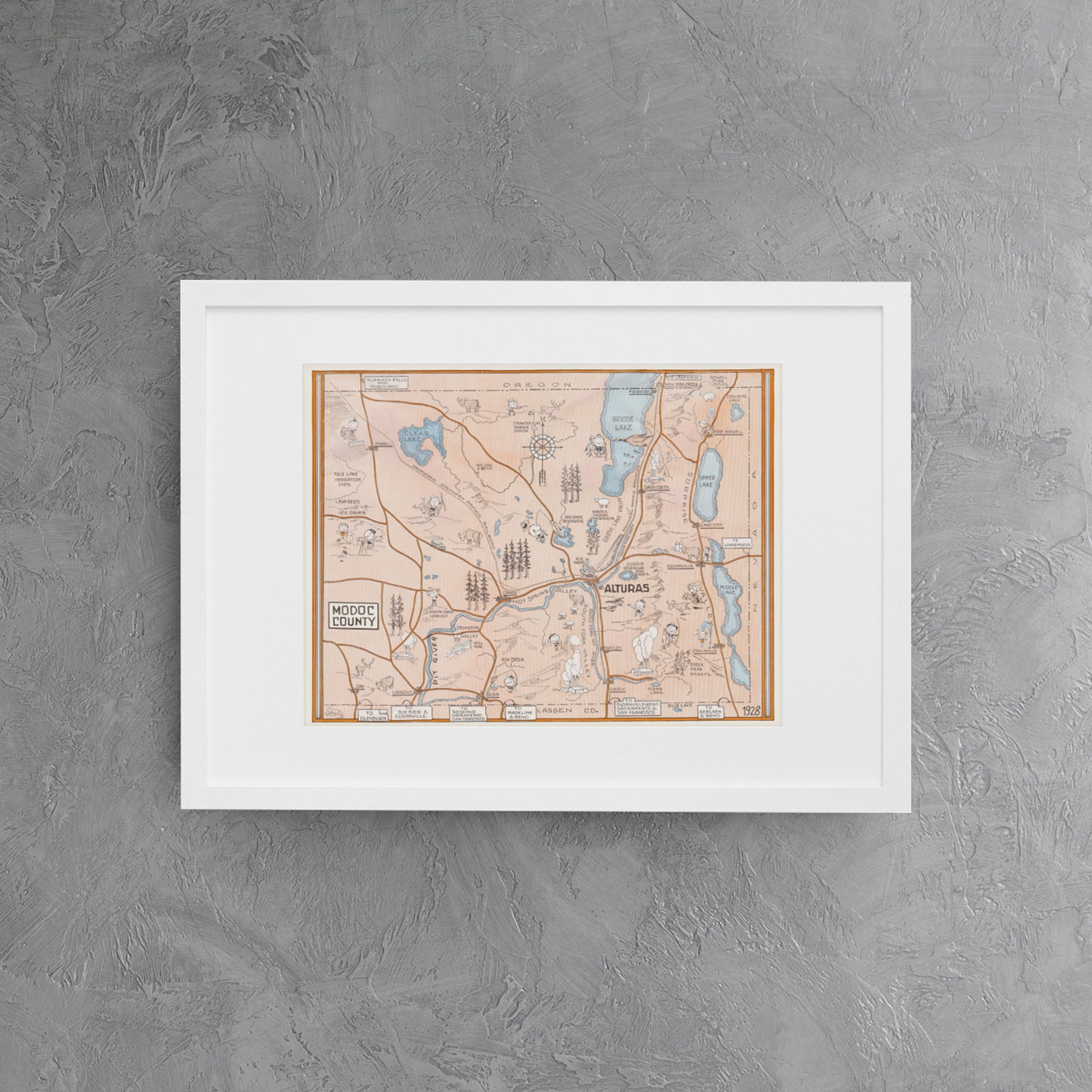 1928 Modoc County Cartoon Map - California Topographic Print Poster ...