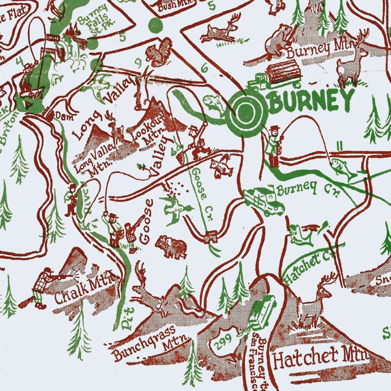 Burney Shasta County Pictorial Map 1950s / Mt Shasta Lassen Cartoon Map ...