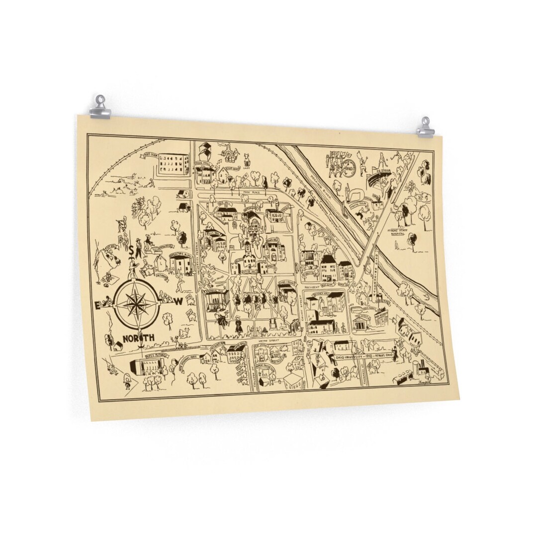 1940 Ohio University Campus Map Print / Cartoon Map Picture Map 18x12 ...