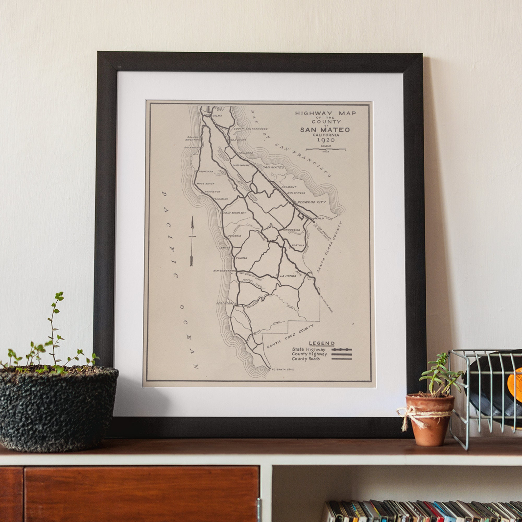 1920 San Mateo County California Road Map Poster Print Retro Wall Art ...