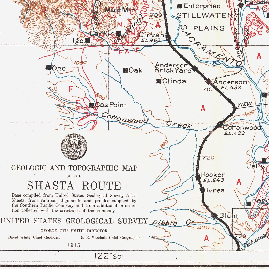 Redding California 1915 Map Shasta County Railroad Route Map Poster ...