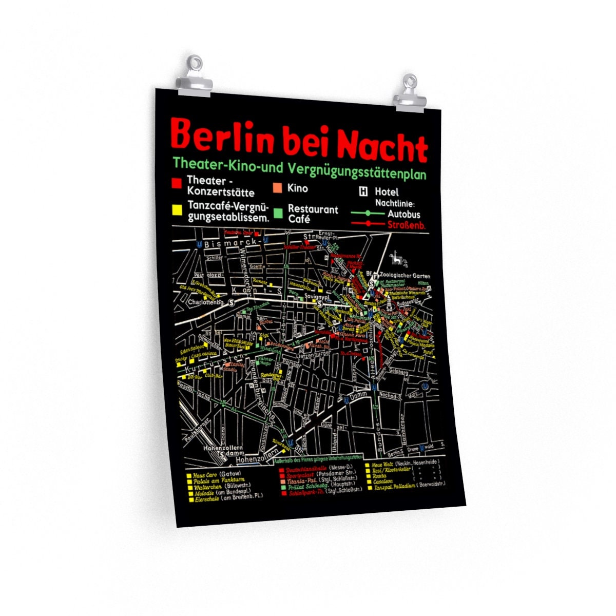 1960s Berlin by Night Map Print / Nightclubs Cafes Restaurants Theaters ...