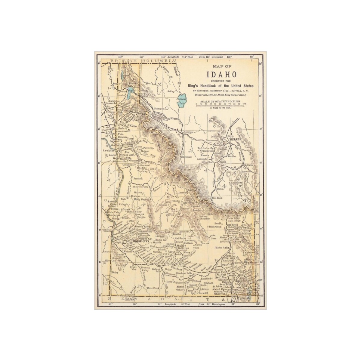Map of 1891 Idaho / New Poster Print Wall Art 12x18 20x30 24x36 ...
