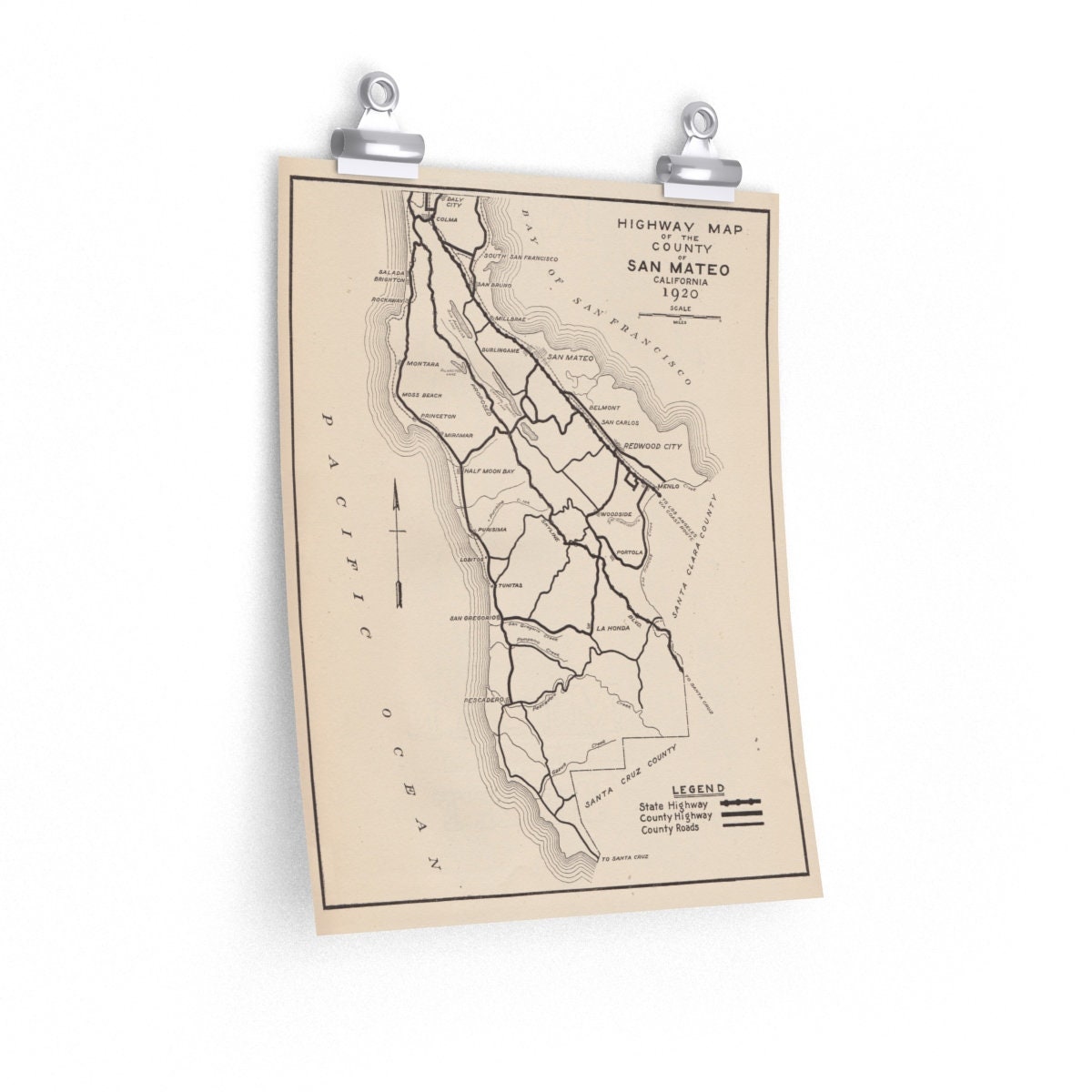 1920 San Mateo County California Road Map Poster Print Retro Wall Art ...