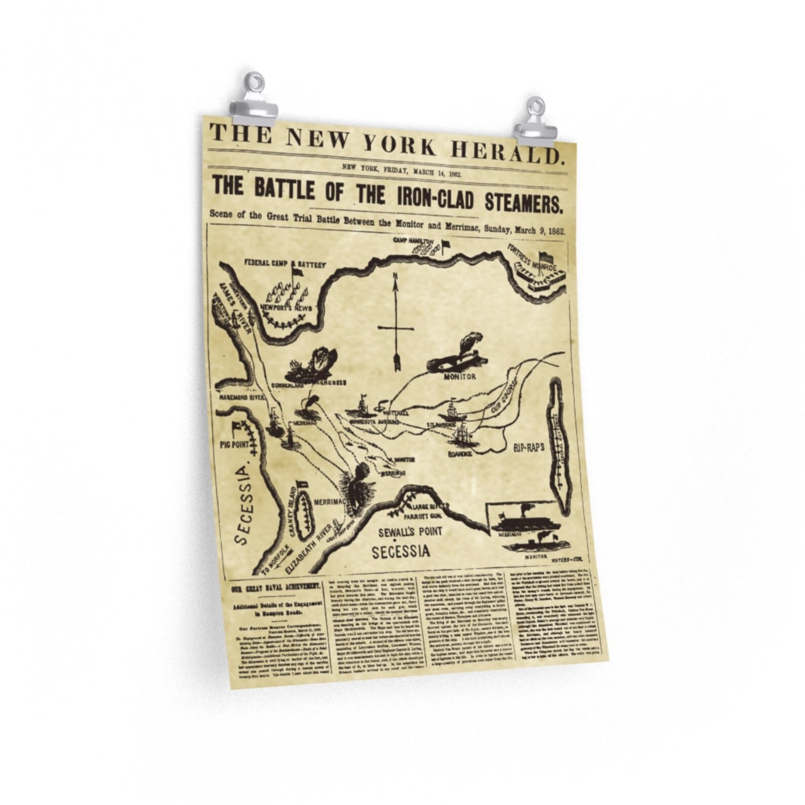 Monitor Vs Merrimac Civil War Map Print / 1862 New York Herald - Etsy