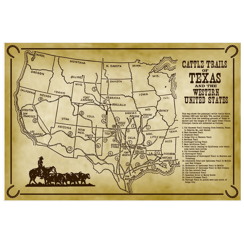 Cattle Trails of Texas Poster / History Wall Art Print Chisholm ...