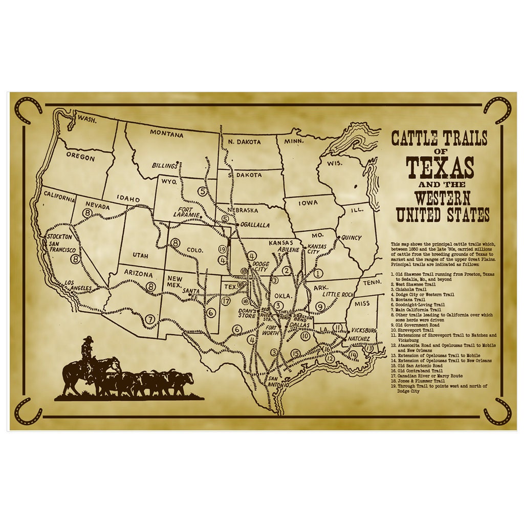 Cattle Trails of Texas Poster / History Wall Art Print Chisholm ...