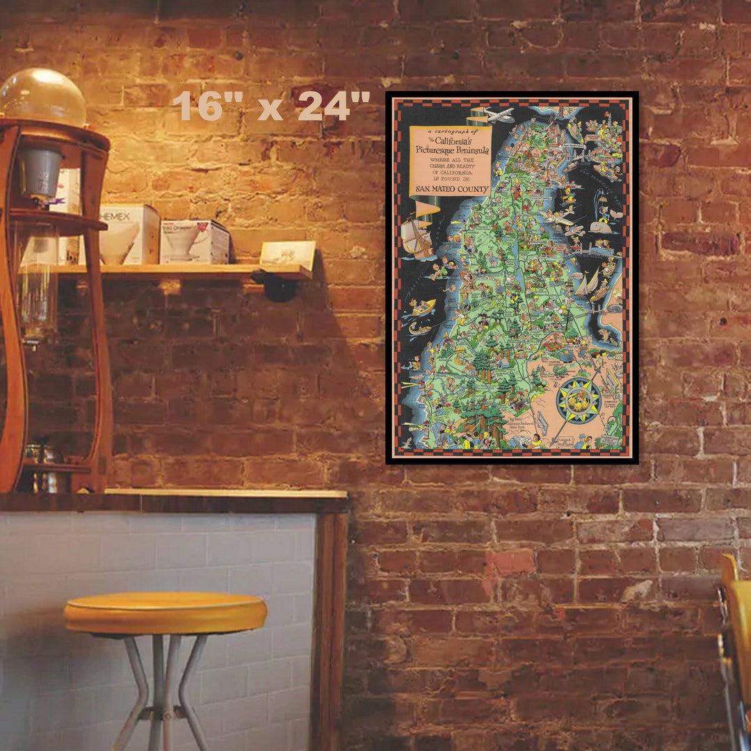Impression de carte illustrée du comté de San Mateo / Poster d'art ...