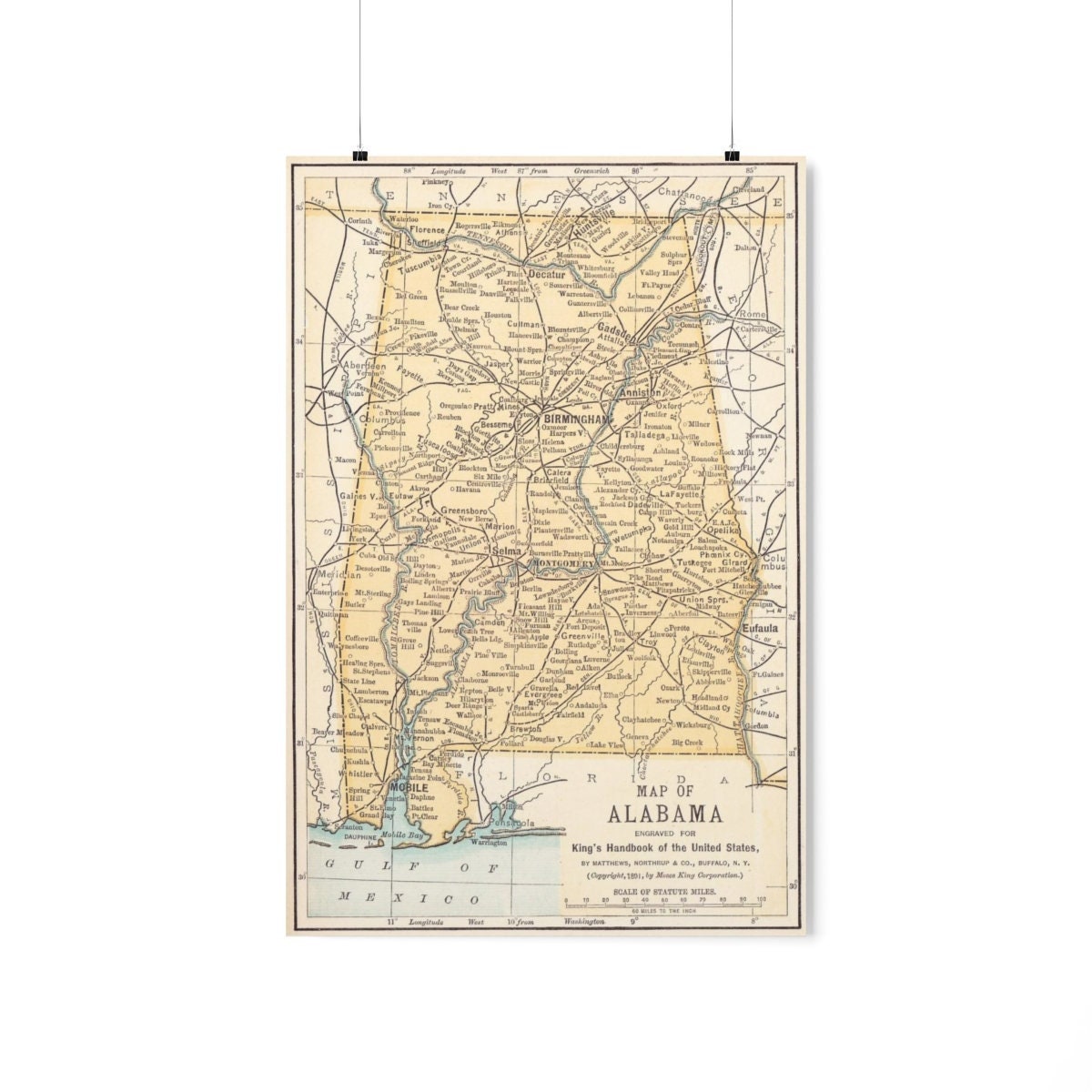 Map of 1891 Alabama / New Poster Print Wall Art 12x18 20x30 24x36 ...