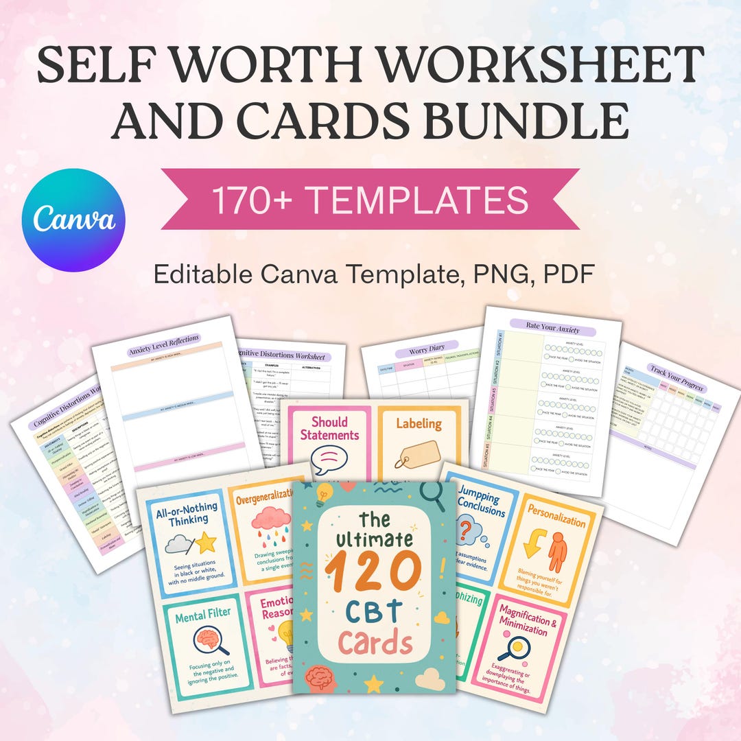 Self Worth Worksheet and CBT Cards Bundle, Self Esteem Therapy Workbook ...