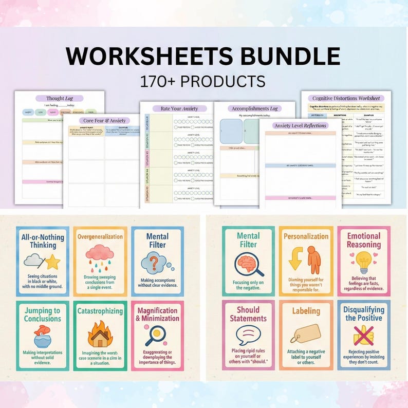 Self Worth Worksheet and CBT Cards Bundle, Self Esteem Therapy Workbook ...