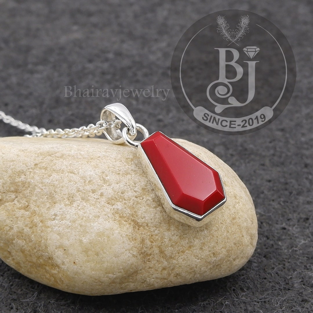 Red Coral Pendant - Sterling Silver Red Coral Coffin 10x17 Mm Gemstone ...
