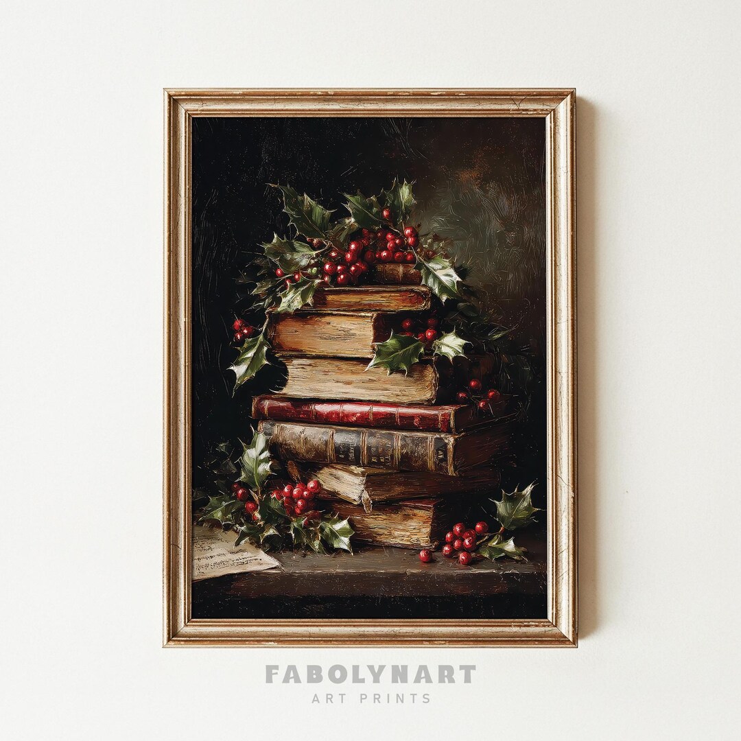 Vintage Christmas Books Wall Art Print, Bookshop Rustic Holiday Library ...
