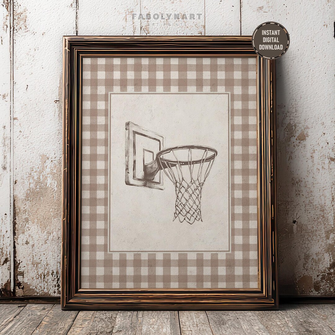Printable Vintage Basketball Hoop Wall Art Print, Rustic Gingham Sports ...