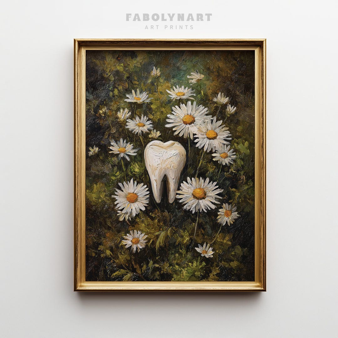 Printable Vintage Tooth Wall Art Print, Floral Dental Painting, Moody ...