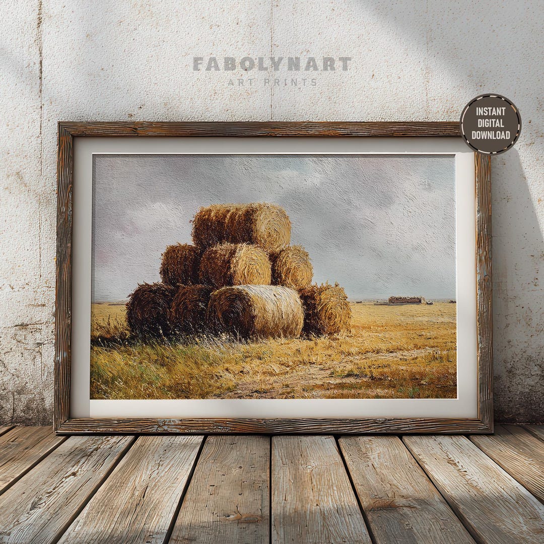 Printable Vintage Hay Bales Wall Art Print, Rustic Oil Painting, Retro ...