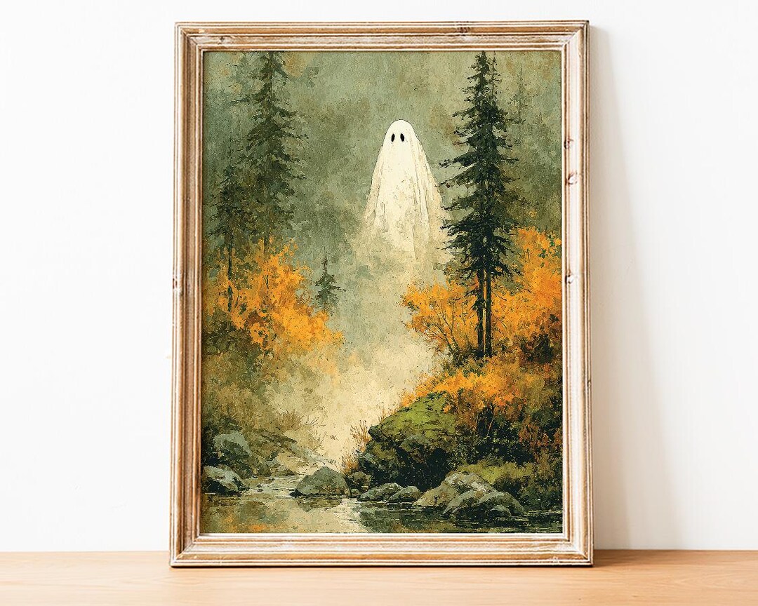 Spooky Ghost in Forest Print, Vintage Halloween Wall Art, Rustic Fall ...