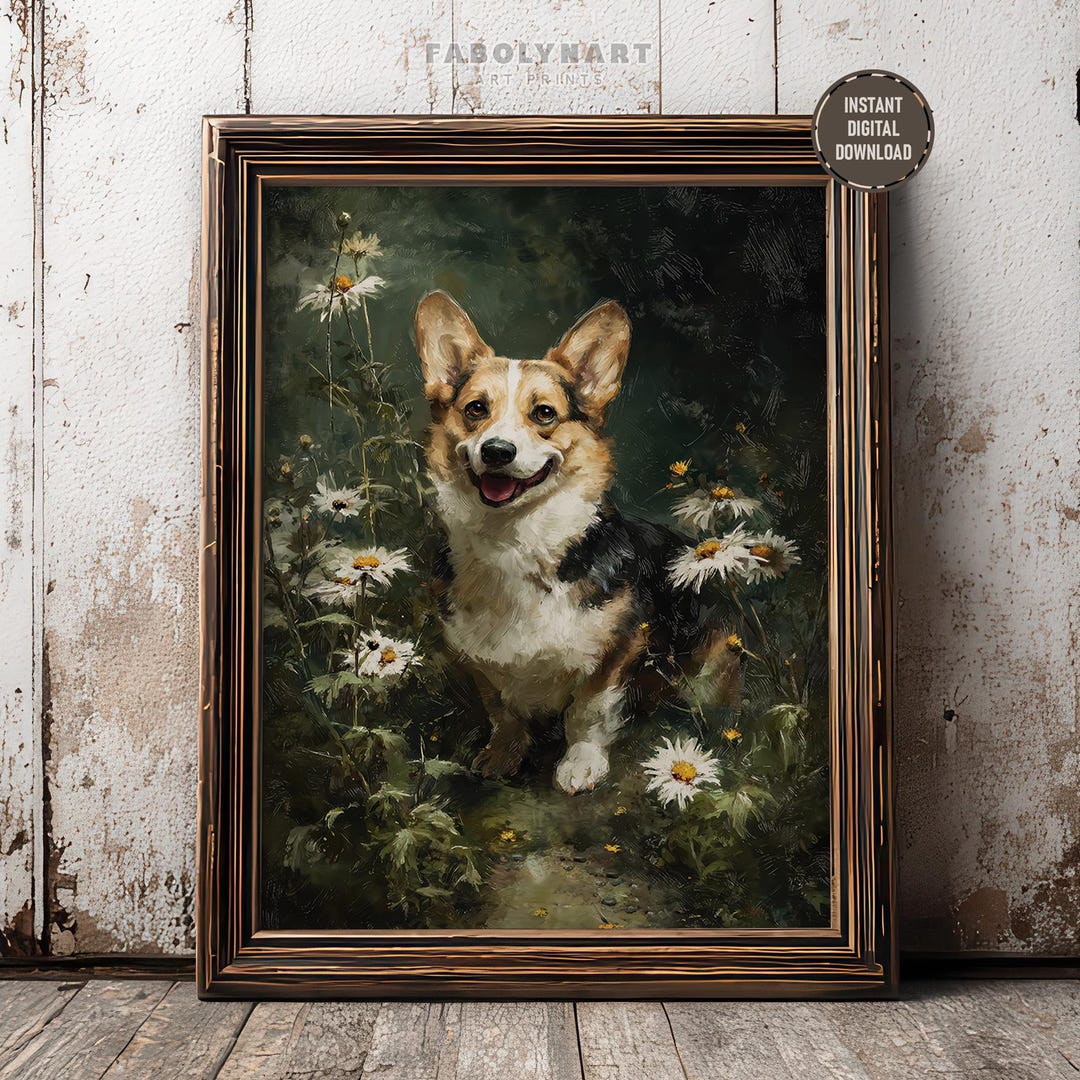 Printable Cute Corgi Dog Wall Art Print, Moody Pet Painting Decor ...