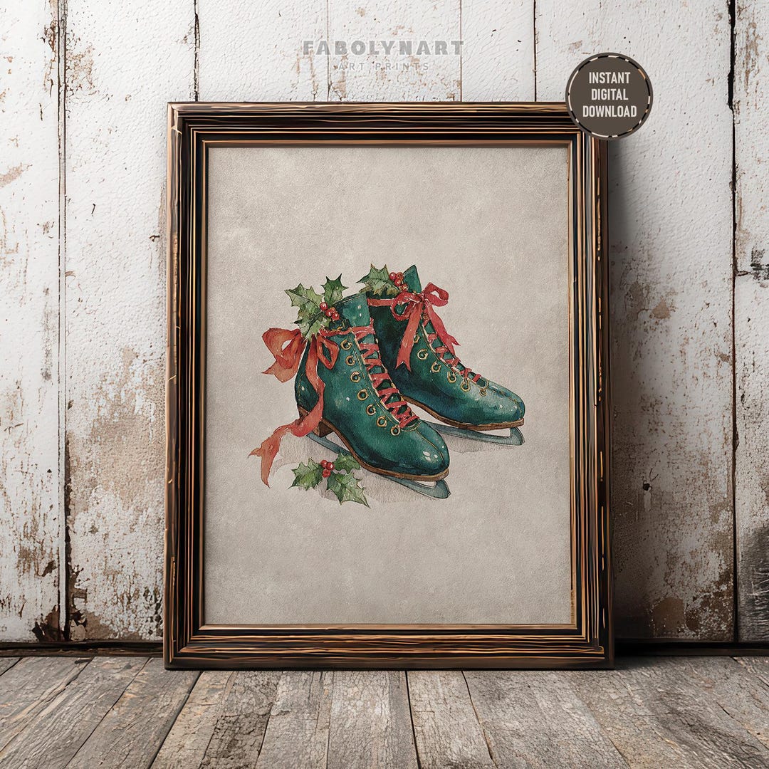 Printable Vintage Christmas Ice Skates Wall Art Print, Rustic Winter ...