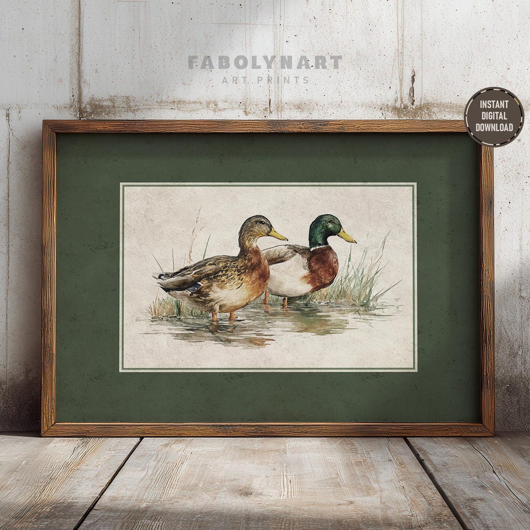 Printable Rustic Two Mallard Ducks Wall Art Print, Sage Green Vintage ...